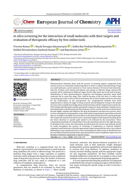 Pdf In Silico Screening For The Interaction Of Small Molecules With