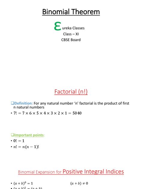 Binomial Theorem Ureka Classes Class Xi Cbse Board Pdf Mathematical Concepts Numbers