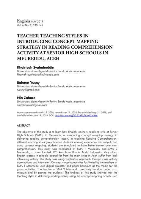 Pdf Teacher Teaching Styles In Introducing Concept Mapping Strategy In Reading Comprehension