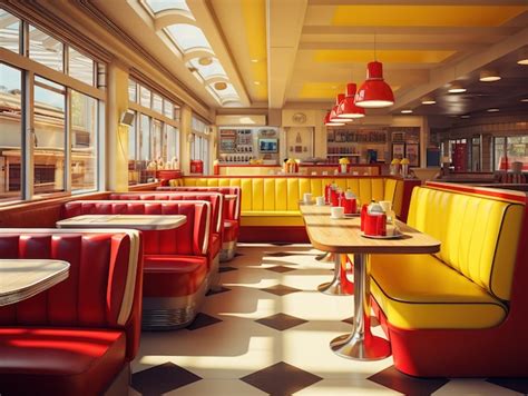 Premium AI Image Retro Cafe American Diner Interior With Tables Yellow Sofas