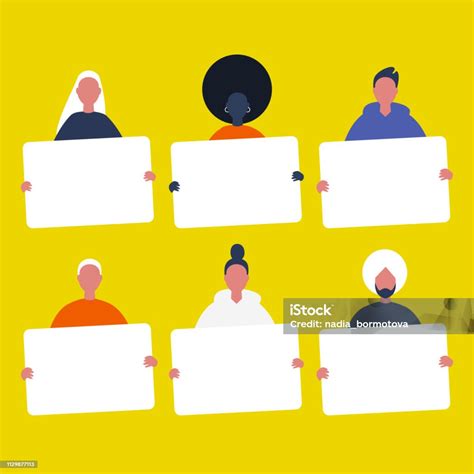 흰 종이의 시트를 들고 젊은 문자 집합입니다 다양성입니다 공간에 복사 합니다 당신의 텍스트 서식 파일입니다 평면 편집 가능한