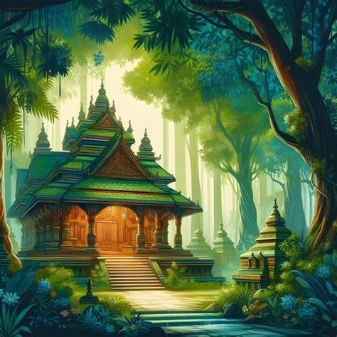 A Photo Captures The Serene Atmosphere Of A Temple Enveloped By Lush Greenery During A Vibrant