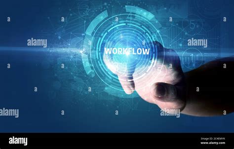 Hand Touching Workflow Button Modern Business Technology Concept Stock
