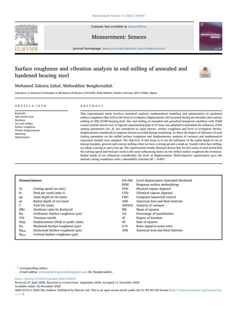 Pdf Surface Roughness And Vibration Analysis In End Milling Of Annealed And Hardened Bearing Steel