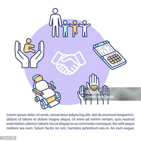 텍스트가 포함된 개념 아이콘입니다 장애가 있는 어린이를 위한 지역사회 지원 아이들을 돌봅니다 Ppt 페이지 벡터 템플릿입니다 브로셔 잡지 선형 일러스트가 있는 소책자 디자인