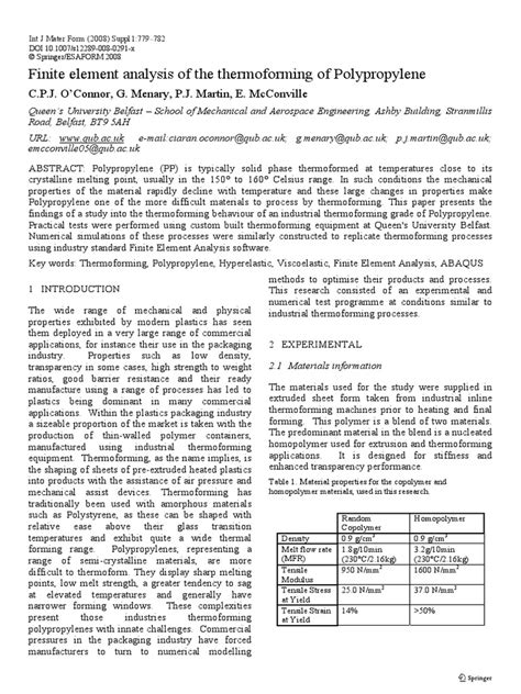 Oconnor 2008 Finite Element Analysis Of The Thermoforming Of Polypropylene Paper Pdf