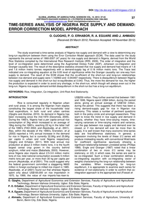 Pdf Time Series Analysis Of Nigeria Rice Supply And Demand Error Correction Model Approach