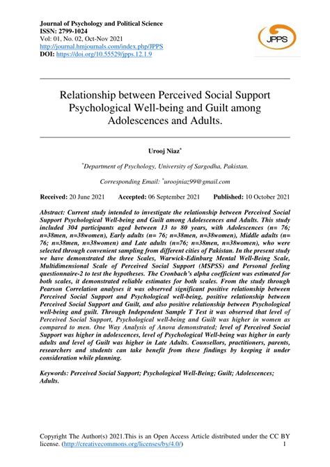 Pdf Relationship Between Perceived Social Support Psychological Well