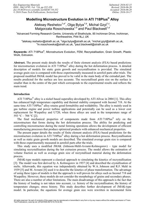 Pdf Modelling Microstructure Evolution In Ati 718plus® Alloy