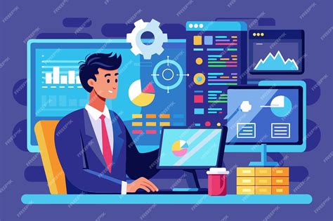 Premium Vector A Businessman Is Sitting At His Desk Analyzing Data On Multiple Screens The Premium Vector A Businessman Is Sitting At His Desk Analyzing Data On Multiple Screens The