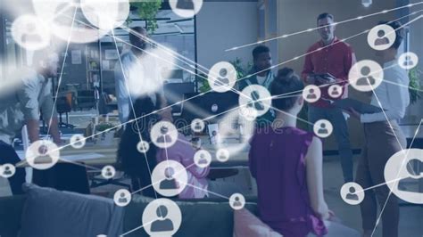 animation of connected profile icons over multiracial colleagues