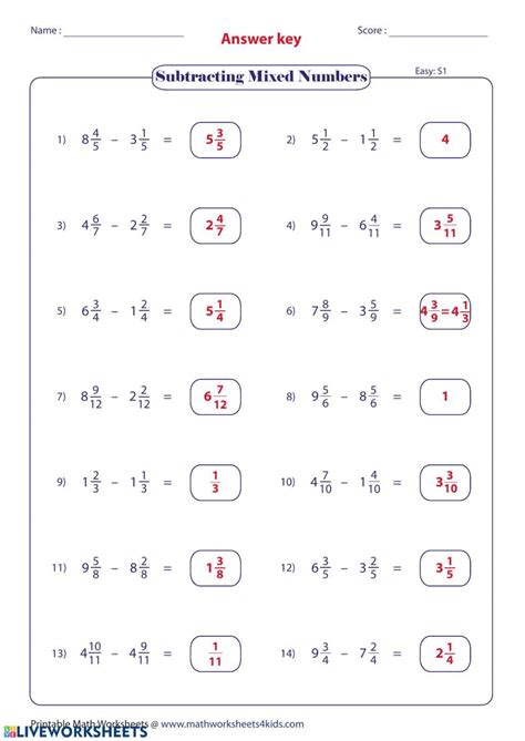 Subtracting Mixed Numbers With Like Denominators Online Exercise For