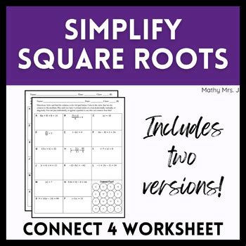 Simplify Square Root Expressions Connect 4 Practice Game Worksheet