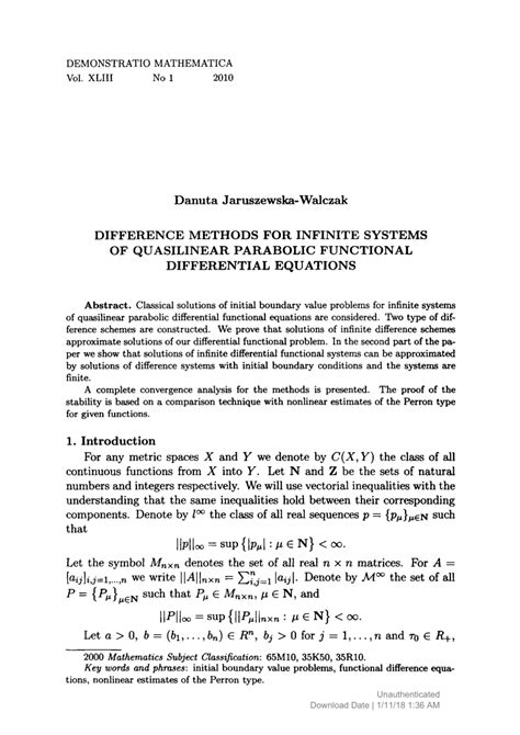 Pdf Difference Methods For Infinite Systems Of Quasilinear Parabolic Functional Differential