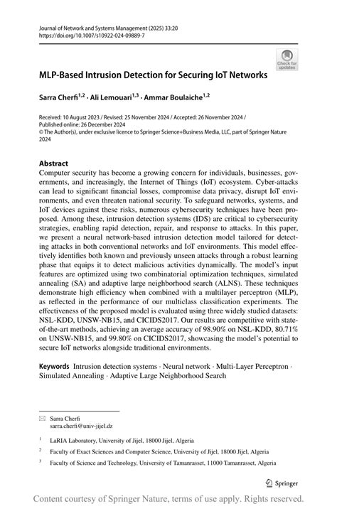 Mlp Based Intrusion Detection For Securing Iot Networks Request Pdf
