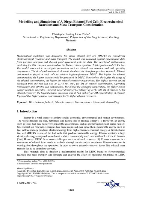 Pdf Modelling And Simulation Of A Direct Ethanol Fuel Cell Electrochemical Reactions And Mass