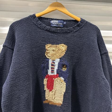Vintage 90s Polo Ralph Lauren Bear Sweater Xl Navy Depop