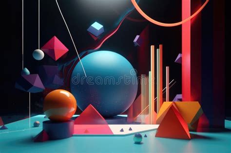Abstract 3d Environment With Floating Geometric Shapes Lights And Shadows Stock Image Image