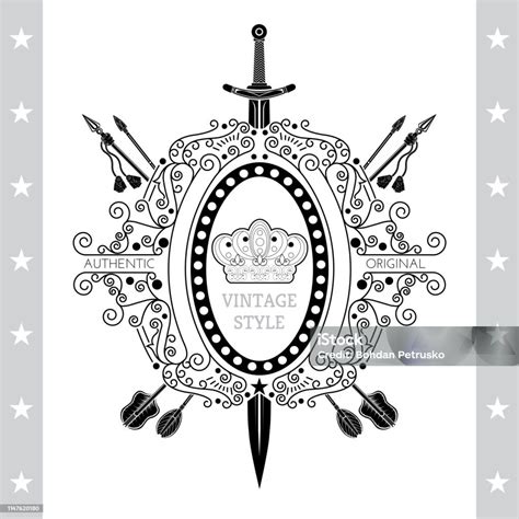 흰색 절연 라인 패턴 팔의 빈티지 해안 중앙의 타원형 프레임을 통과 하는 십자 화살표 및 수직 검 검에 대한 스톡 벡터 아트 및