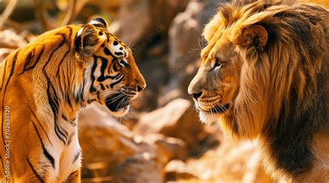 Bengal Tiger And A Male Lion Are Facing Each Other With A Focus On