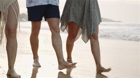 Barefoot Group Caucasian Men Women Legs Feet Run On Sunny Tropical