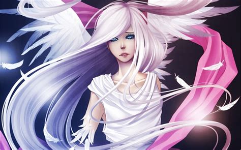 White Hair Anime Girl Angel Wings Feathers Hd Wallpapers Anime