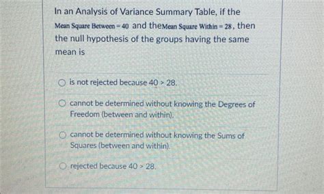 Solved In An Analysis Of Variance Summary Table If The Mean