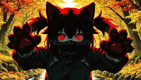 Terrifying Anime Cat Girl Ninja Close Up With Red Eyes Stock