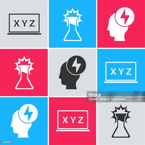 Xyz 좌표 시스템 테스트 튜브 및 플라스크 및 헤드 및 전기 기호 아이콘을 설정합니다 벡터 3차원 형태에 대한 스톡 벡터 아트