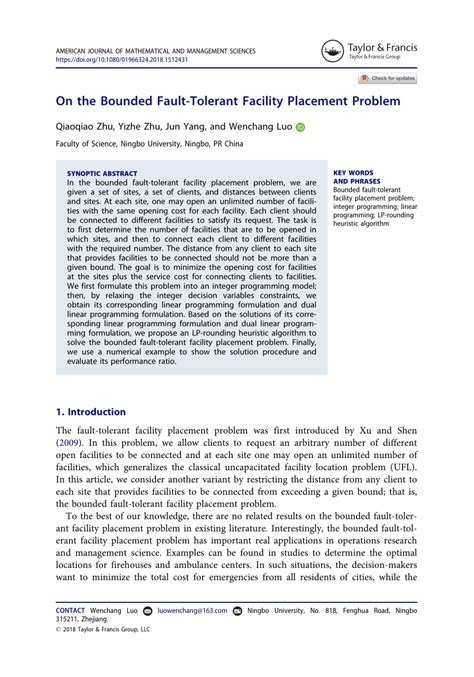 Pdf On The Bounded Fault Tolerant Facility Placement Problem