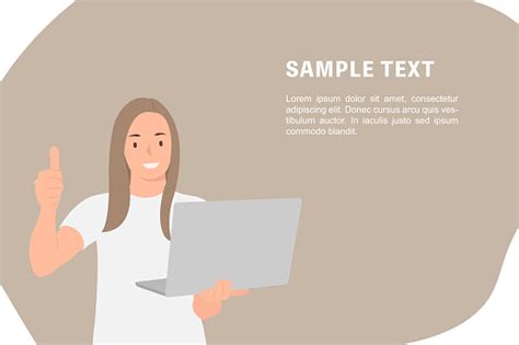 만화 사람들 문자 디자인 배너 템플릿 젊은 여자 들고 즐겁게 엄지손가락을 보여주는 귀여운에 대한 스톡 벡터 아트 및 기타 이미지 귀여운 노트북 노트북 사용하기
