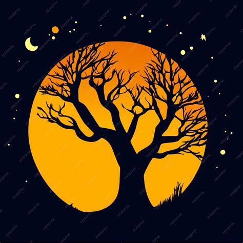 밝은 보름달과 나무 실루을 가진 밤하늘 배경 터 일러스트레이션 터 프리미엄 Ai 생성 벡터