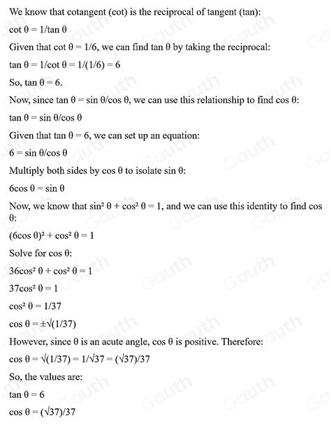 Solved Find The Values Of The Indicated Functions Assumingθis An Acute Angle Given Cot θ 1 6