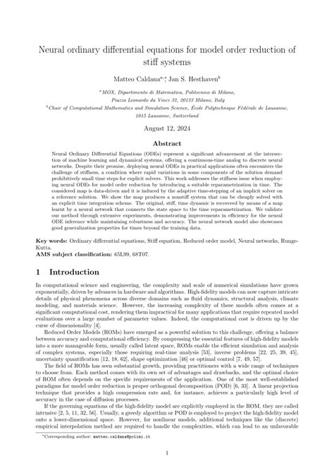 Pdf Neural Ordinary Differential Equations For Model Order Reduction Of Stiff Systems