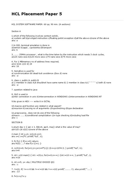 Hclplacement Paper 5 Download Free Pdf C Programming Language Software Engineering