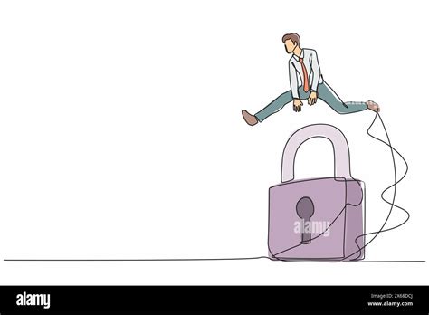 Single One Line Drawing Businessman Jumping Over Big Lock Solve
