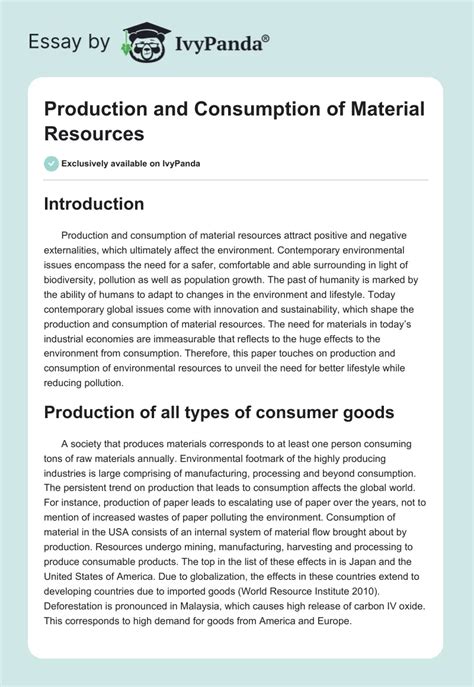 Production And Consumption Of Material Resources 822 Words Coursework Example