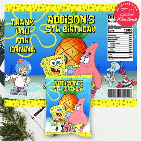 Spongebob Birthday Chip Bag Digital File Printable Diy Wowtemp