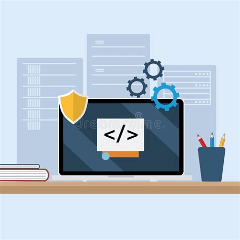 Flat Design Modern Code Development On Laptop With Server Technology
