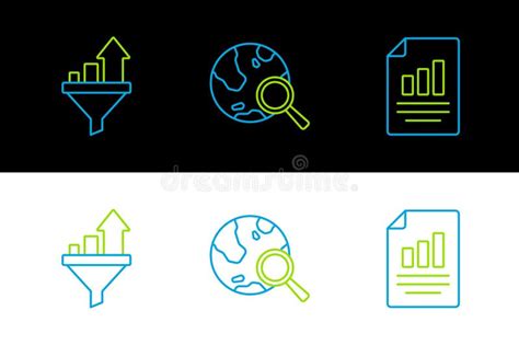 set line document with graph chart sales funnel and search globe icon