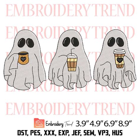 Ghosts Drink Coffee Embroidery Design Halloween Funny Embroidery Digitizing File