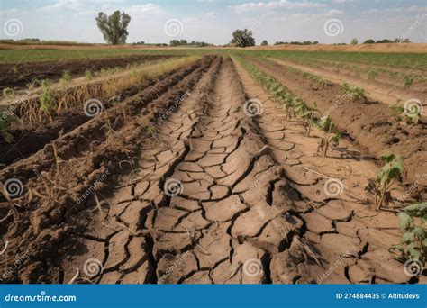 Drought Stricken Field Of Crops With Drooping Plants And Parched Earth