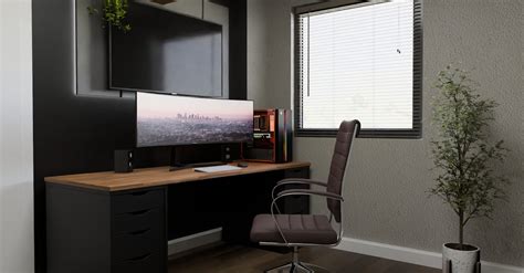 가구 기술 깔끔한 디자인 모니터 미니멀리스트 바탕화면 밝은 비즈니스 사무실 사무실 디자인 사무실 의자 생산성 선반 설정 스크린 스타일리시한