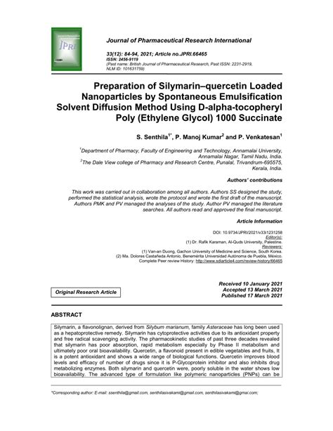Pdf Preparation Of Silymarin Quercetin Loaded Nanoparticles By