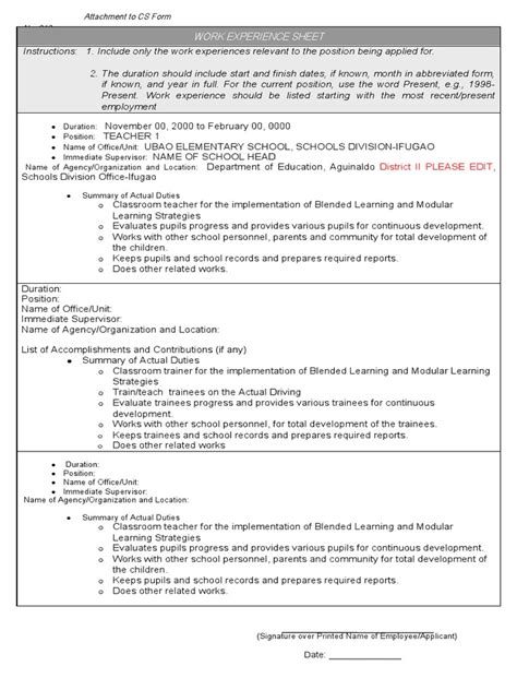 3 1 5th Page Of Pds Work Experience Sheet 5 1 Pdf Education Theory