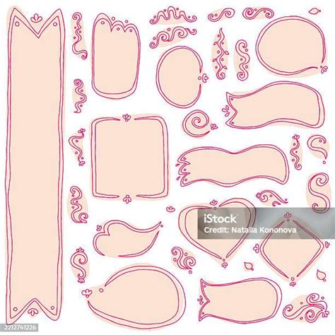 분홍색 채우기 낙서 손으로 그린 곡선 프레임 세트 긴 리본 물결 모양의 리본 하트 둥근 모양 마름모꼴 0명에 대한 스톡 벡터