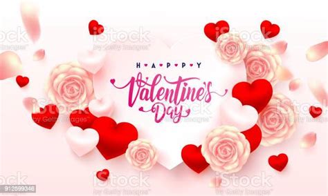인쇄 술 글꼴 달콤한 마음과 발렌타인 브로셔에 대 한 핑크 로즈 발렌타인 하트 포스터 또는 Bannervector 그림 Eps10 14에 대한 스톡 벡터 아트 및 기타