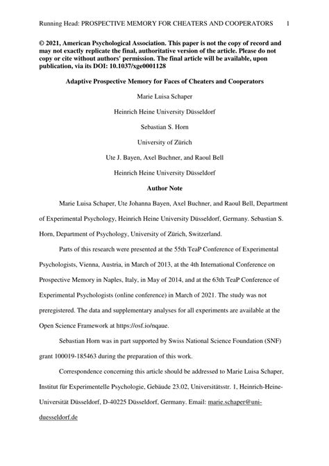 Pdf Adaptive Prospective Memory For Faces Of Cheaters And Cooperators