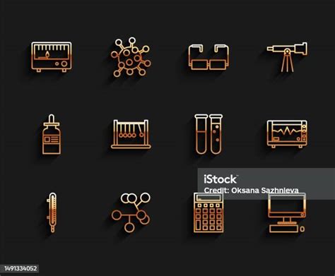 세트 라인 기상학 온도계 측정 전기 기기 계산기 키보드와 마우스가 있는 컴퓨터 모니터 진자 심전도 및 시험관 플라스크 화학