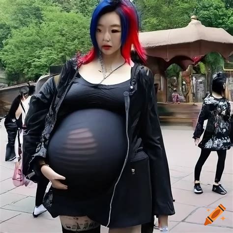 Portrait of a heavily pregnant chinese girl in a punk jacket on Craiyon